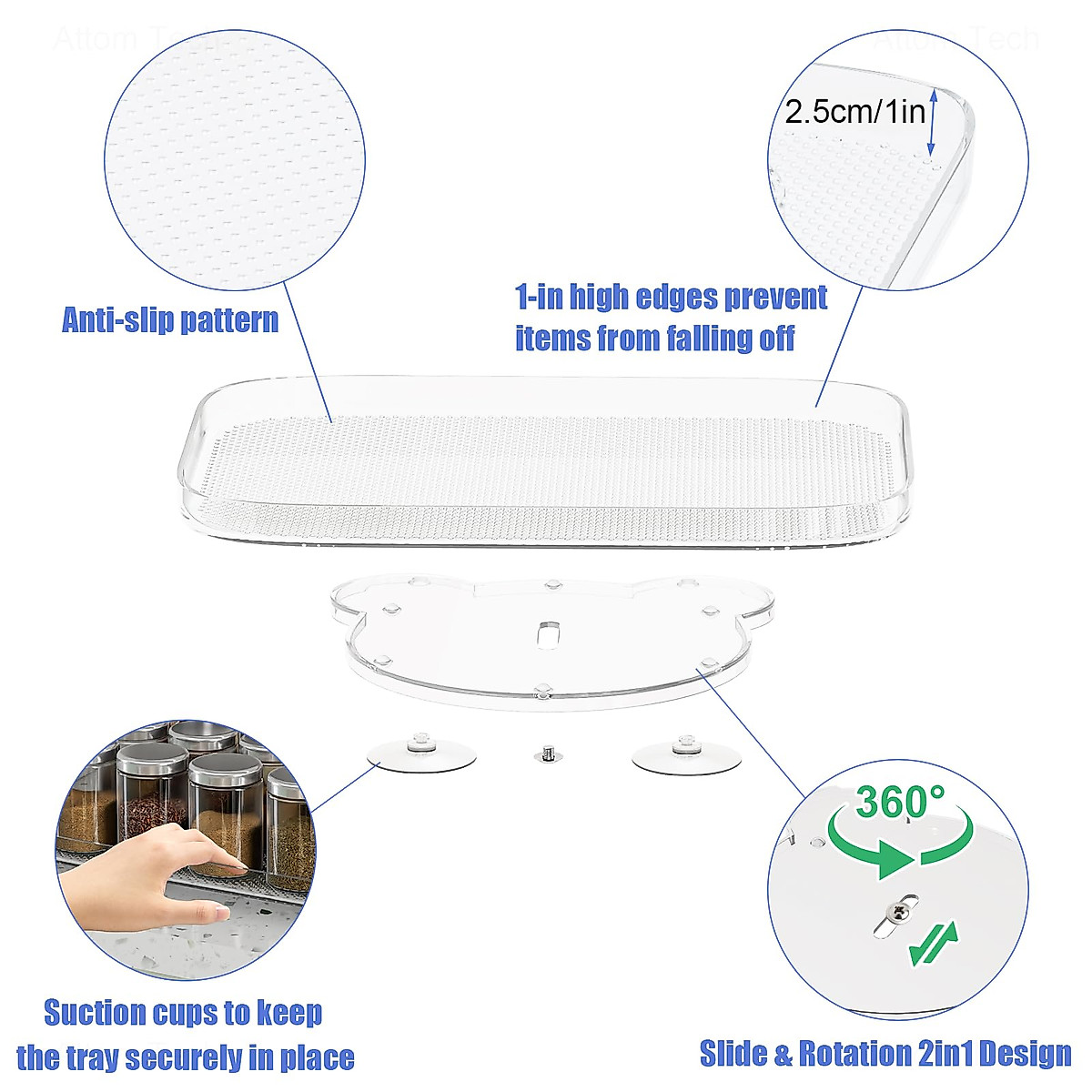 NiHome Rectangular Lazy Susan Organizer for Refrigerator, 360 Rotation Turntable, Premium PC Tray, Easy Installation, Multifunctional Organizer for Spices, Makeup & More (Large)