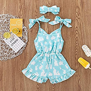 Flashing boy One-Piece Toddler Kid Baby Girl Easter Outfit Bowknot Strap Romper Ruffle Bunny Print Jumpsuit Headband (Blue-Rabbit, 3-4 Years)