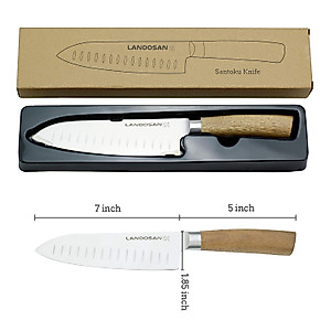 LANDOSAN Santoku Knife 7 inch Kitchen Knives Vegetable Stainless Steel Blade Genuine Wood Handle Cutlery for Home Kitchen and Restaurant…