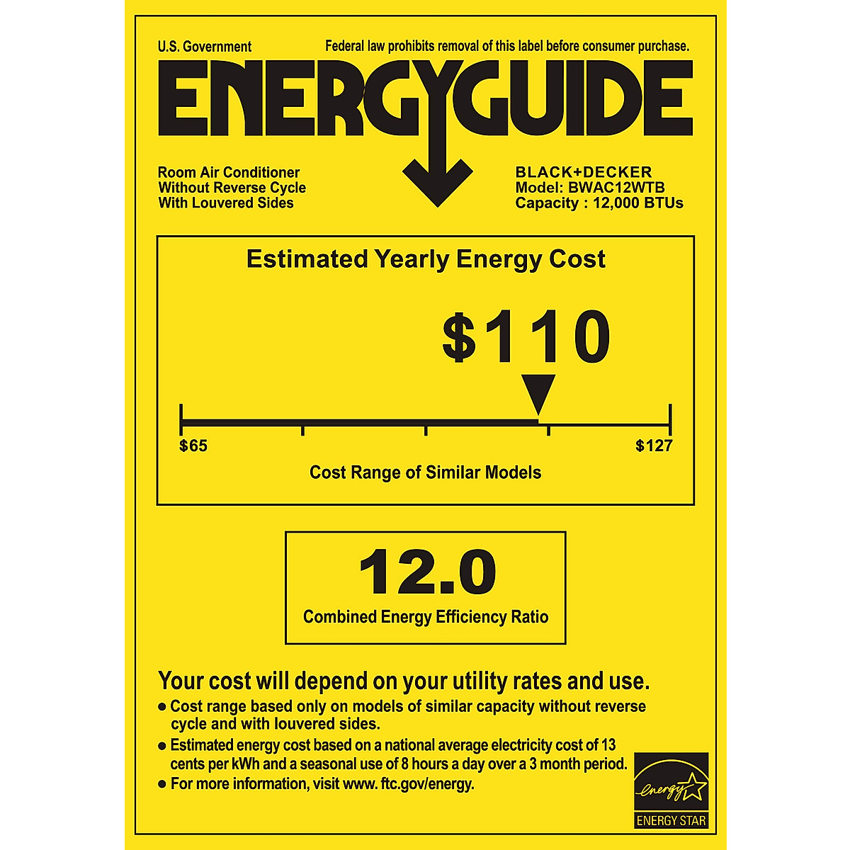 BLACK+DECKER BWAC12WT6 12,000 BTU Window Air Conditioner Unit, AC Cools Up to 550 Square Feet, Energy Efficient, White