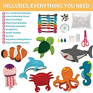 Craftorama Sewing Kit for Kids, Fun and Educational Sea Animal Craft Set for Boys and Girls Age 7-12, Sew Your Own Felt Animals Craft Kit for Beginners, 165 Piece Set