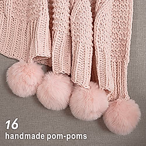 Chunky Knit Blanket with pom poms- Thick, Soft, Big, Cozy Throw Blankets for Couch, Bed, Sofa, Chair-50×60 Inches,Pink
