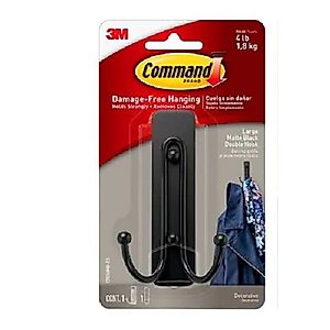 Command 17036MB-ES Double Hanger Wall Hooks, Matte Black, 4 Count