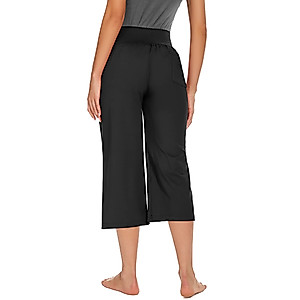 FAYLR Womens Wide Leg Capri Yoga Lounge Summer Loose Pullover Crossover High Waist Capri Pants with Pockets Black Large