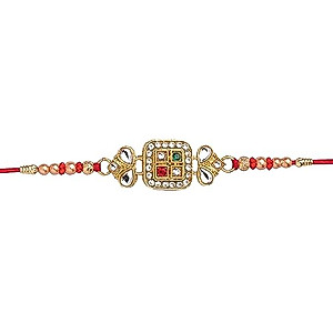 Rakhi Bracelet or Thread for Brother for Raksha Bandhan Handmade Colourful Silk Thread and Beads Design Rakhi Rakshabandhan Bracelet with Resin & Glass Stones in Kundan Desi