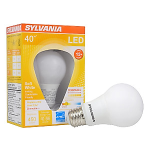 SYLVANIA A19 LED Light Bulb, 5.5W, 40W Equivalent, 13 Year, Dimmable, 450 Lumens. 2700K, Soft White - 1 Pack (74688)