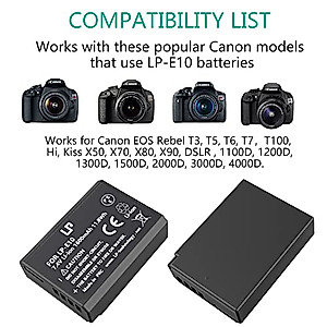 LP-E10 Battery Charger Pack, LP 2-Pack Battery & Charger, Compatible with Canon EOS Rebel T7, T6, T5, T3, T100, 4000D, 3000D, 2000D, 1500D, 1300D, 1200D, 1100D &More (Not for T3i T5i T6i T6s T7i)