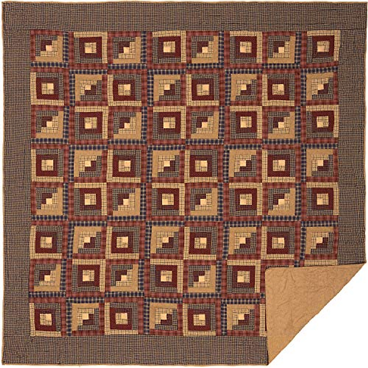 VHC Brands Millsboro Queen Quilt 94Wx94L Log Cabin Country Rustic Lodge Design, Burgundy