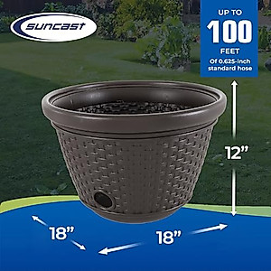 Suncast Heavy Duty Plastic Wicker Decorative Garden Water Hose Storage Holder Pot with Drain Holes for 100 Foot Hoses, Java, 2 Pack