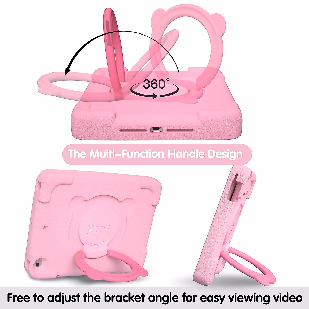 PZOZ iPad Kids Case Compatible for Apple iPad Air 1/2 / 6th Generation 2018 / 5th Gen 2017 9.7 inch, EVA Shockproof Rotate Handle Folding Stand Heavy Duty Protective Cute Cover for Boys Girls (Pink)