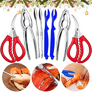 Crab Leg Crackers and Tools, Seafood Tools Set and Picks Set includes 2 Crab Crackers, 2 Lobster Shell Forks, 2 Crab Leg Forks, 2 Seafood Scissors and 1 Storage Bag