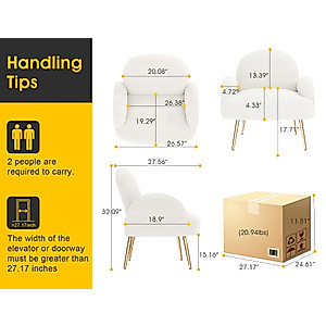 Dewhut Modern Sherpa Boucle Accent Chair, Upholstered Arm Vanity Chair with Metal Legs for Corner, Fluffy Reading Side Chairs for Living Room, Bedrooms, Home Office, Dorm, Reading Nook (Cream white)