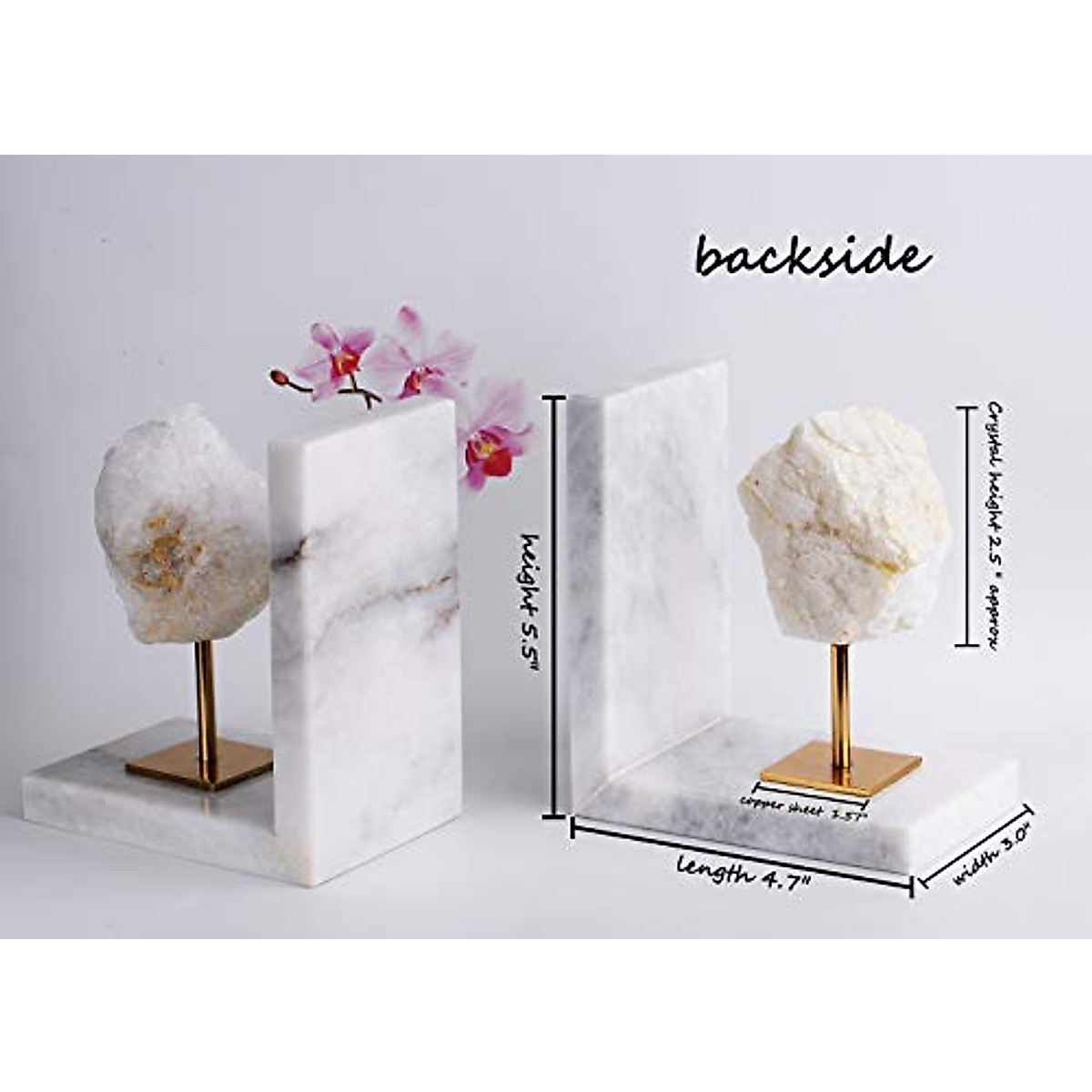 AMOYSTONE Geode Bookends Decorative White Agate Book Ends for Heavy Books Marble Bookends Shelves Decor 1 Pair 5LBS