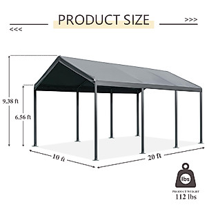 Gardesol Carport, 10’ X 20’ Heavy Duty Car Canopy with Powder-Coated Steel Frame, Easy to Assemble Portable Garage for Car, Boat, Party Tent with 180g PE Tarp for Wedding, Garden, 8 Legs, Gray