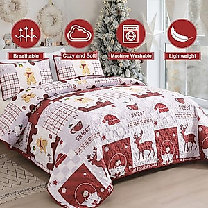 Drucon Christmas Quilt Set King Reversible Christmas Deer Snowflake Pattern Red Deer Plaid Patchwork Bedding Quilt Coverlet with 2 Pillowshams for All Season 104"x90"