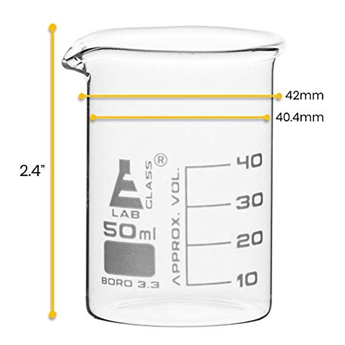 EISCO Beaker, 50ml - Low Form with Spout - White, 10ml Graduations - Borosilicate 3.3 Glass