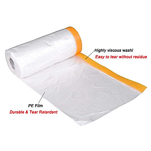 Pre-Taped Masking Film Paper, Adhesive Plastic Painting Drop Film for Automotive Furniture Protection Covering (5 X 65 Ft)