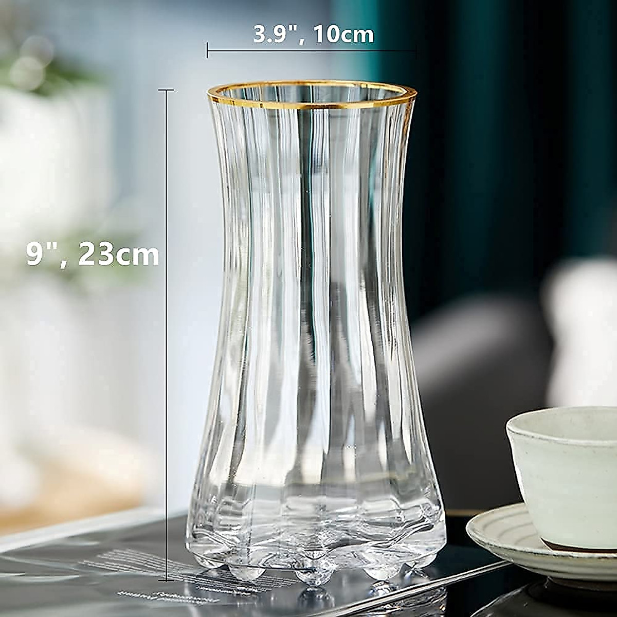 Moreast Glass Flower Vase for Home Office Decor, Crystal Clear Vase with Gold Rim and Ribbed Texture for Flower Arrangement, Spring Garden Vase 9" Tall