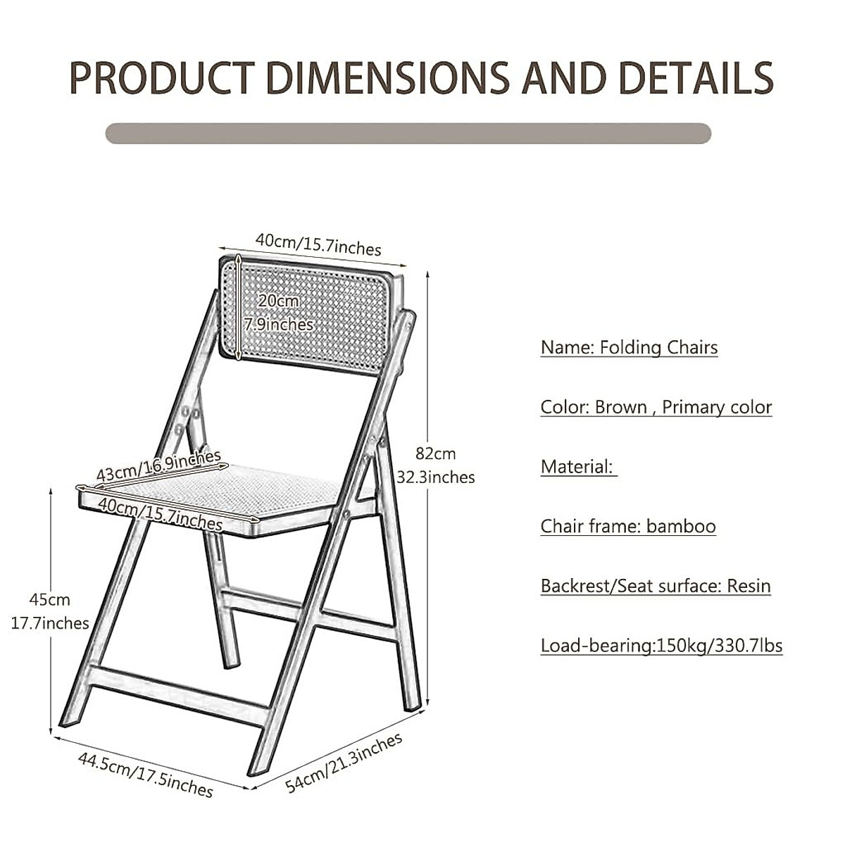 Folding Chairs Household Rattan Weaving Ergonomics Fold Up Chair, Kitchen Bamboo Backrest Dining Chair, Load-bearing150kg/330.7lbs (Color : Primary Color, Size : 82 * 54 * 44.5cm)
