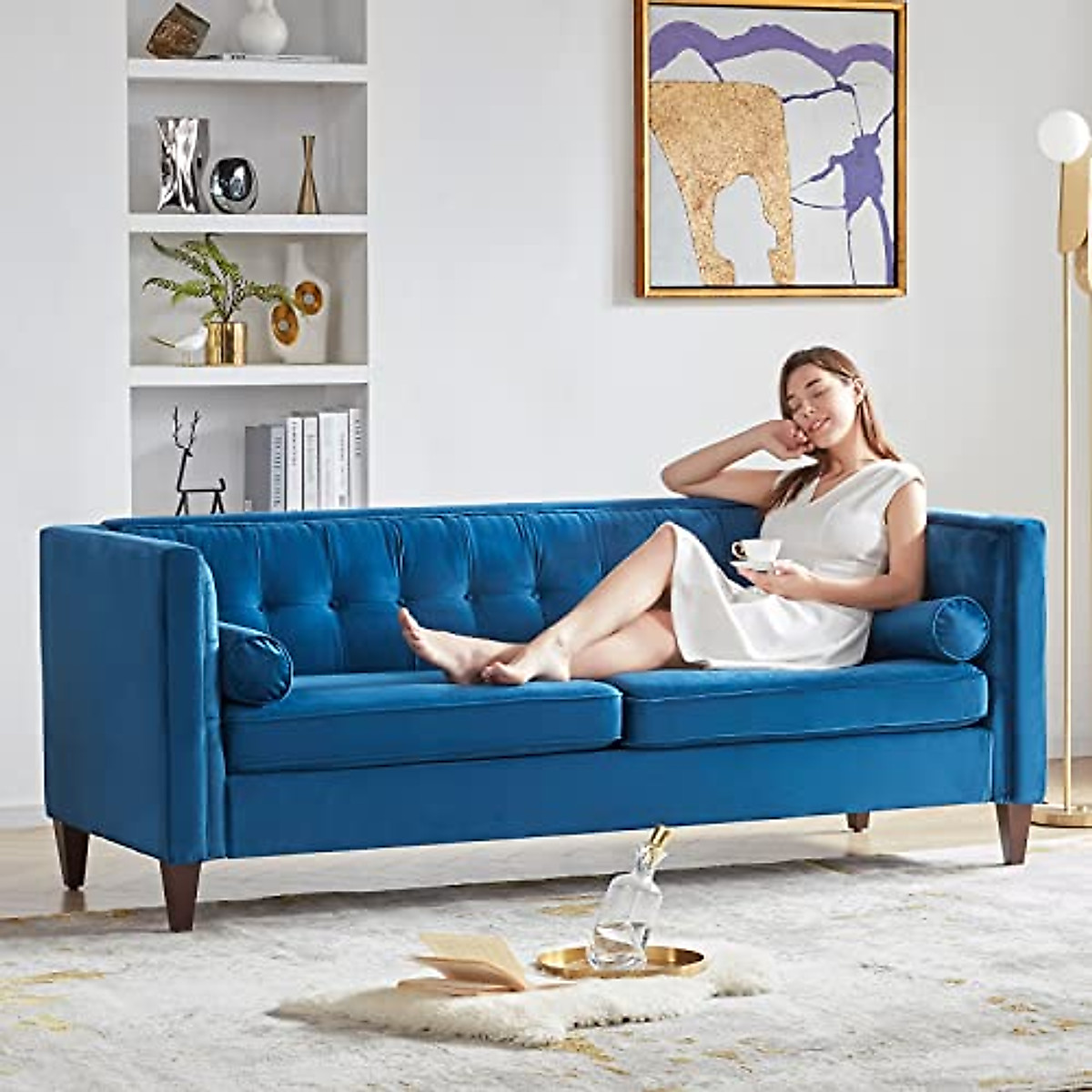 Dreamsir 58'' W Velvet Sofa, Mid-Century Love Seats Sofa Furniture with Bolster Pillows, Button Tufted Couch for Living Room, Tool-Free Assembly (Loveseat, Navy Blue)