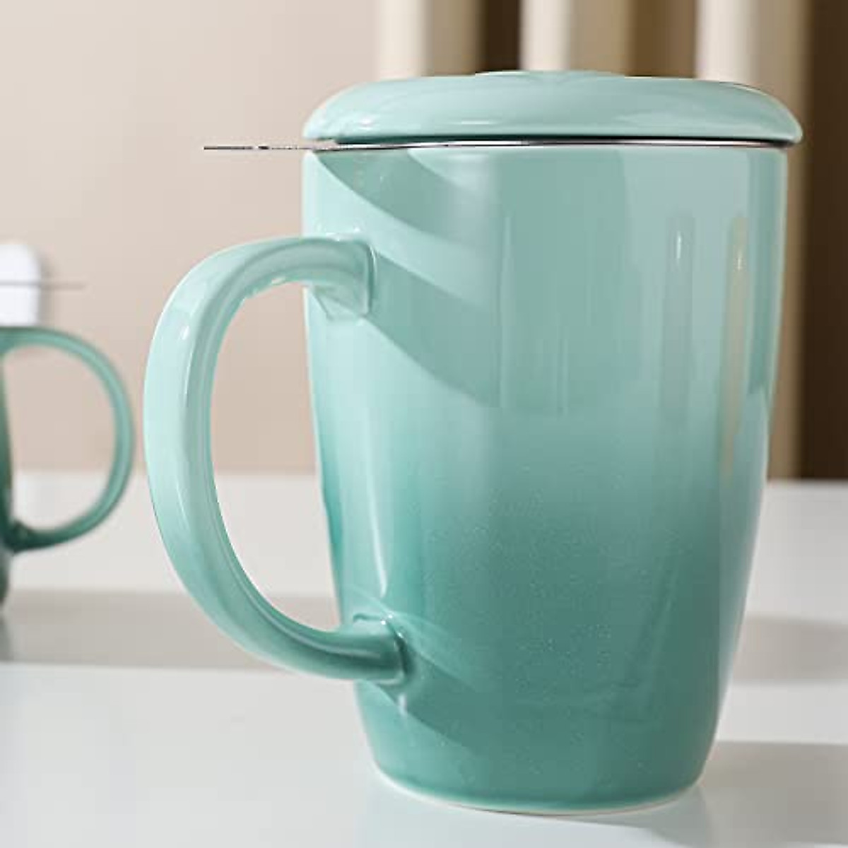 Candiicap Ceramics Tea Cup with Loose Leaf Infuser, Spoon and Lid, 15oz, Large Tea infuser Mug for Tea, Coffee, Milk-Microwave and Dishwasher Safe(15oz,Avocado Green)