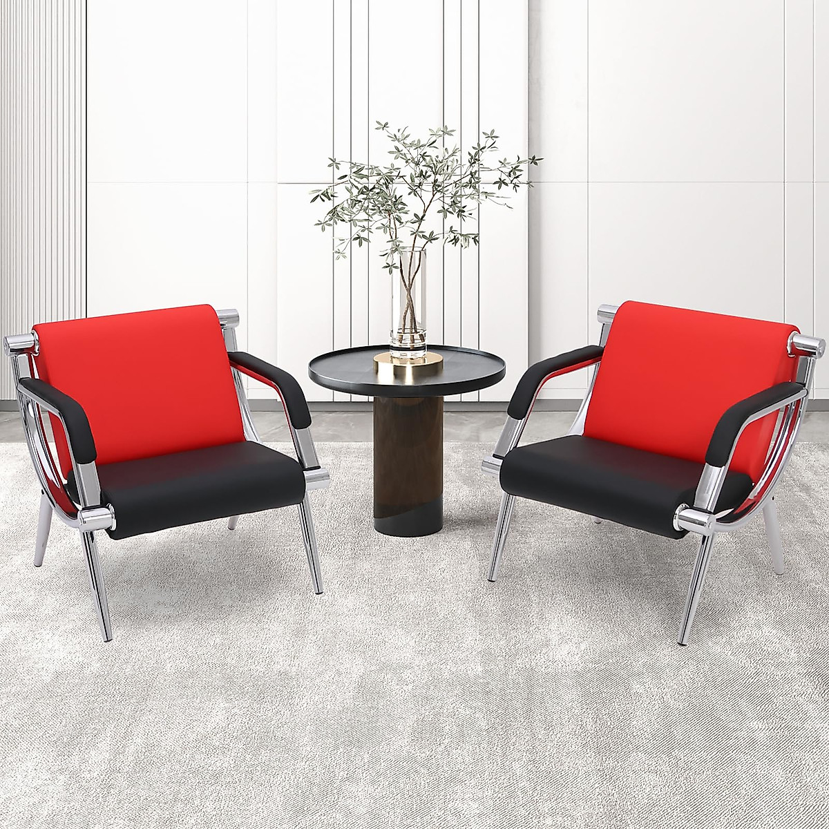 Walmokid Waiting Room Chairs with Armrest, PU Leather Office Furniture, Lobby Conference Reception Chairs, Office Guest Seating for Clinic,Airport,Hospital,Barber,Salon,Bank(Red&Black, 2)