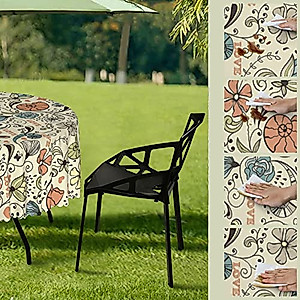 Lirduipu Animal Pattern Round Outdoor Tablecloth,Round Table Cloth Washable Water Resistance Tablecloth with Umbrella Hole Zippered,for Umbrella Table Patio Garden(52" Round,Eggshell and Multicolor)