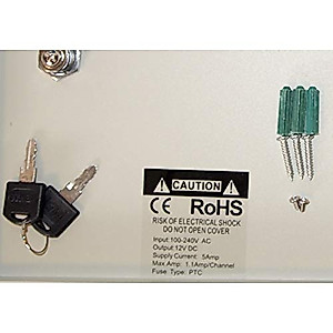 Evertech 8 Channel 9 Port Power Box Security Camera 12V DC 5A Amper CCTV DVR Power Supply Switch Box Key Locked with 9 Pcs. Male Power Jack (9 Port)