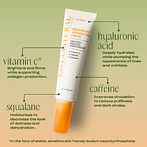 InstaNatural Hyaluronic Acid Eye Gel Cream, Hydrating Under Eye Cream for Women & Men, Decreases Puffiness, Dark Circles and Wrinkles, with Vitamin C, Caffeine, Squalane & Peptides, 0.5 Fl Oz
