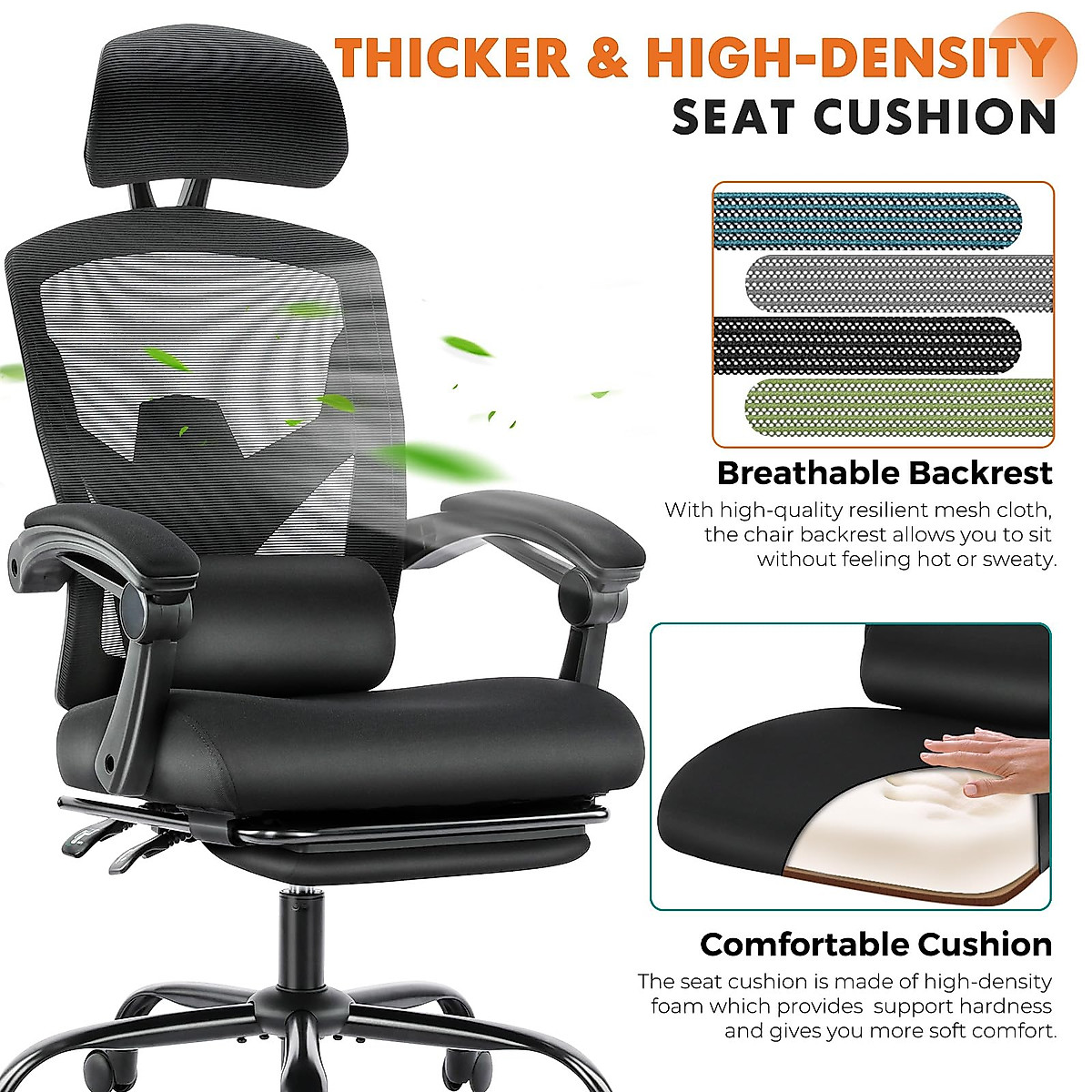 Sweetcrispy Office Computer Desk Chair, Ergonomic High-Back Mesh Rolling Work Swivel Chairs with Wheels, Comfortable Lumbar Support, Comfy Arms for Home, Bedroom, Study, Student, Black