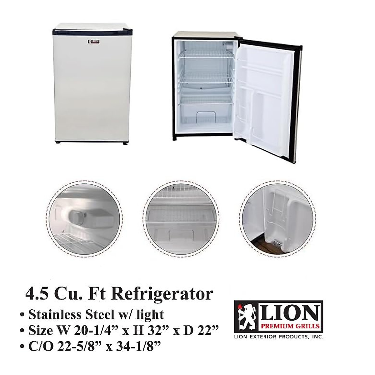 AMS Fireplace, Lion 40 Inch Grill Package w Double Access Drawer and Horizontal Single Door side burner Refrigerator Liquid Propane