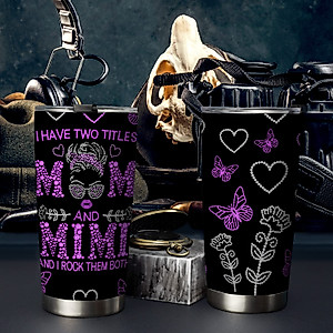 20oz Purple Jewelry Crystal Butterfly Flowers Mom and Mimi Tumbler, Mother, Grandma, Nana Gifts, Coffee Thermos for Women, Stainless Steel Double Wall Vacuum Insulated Coffee Mug, Travel Cup with Lid