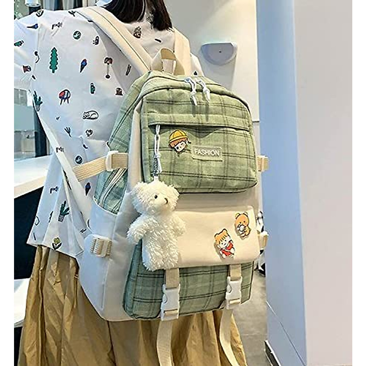 ZHHUIZ 5 Pcs Kawaii Backpack Set with Pins Plush Bear Pendant, Aesthetic Plaid Shoulder Bag School Bag Purse Back to School Supplies (Green), One Size