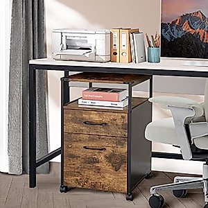 Fameill Rolling Filing Cabinet 2 Drawer File Cabinet Industrial Printer Stand for Home Office Small Under Desk Cabinet with Open Shelf,Storage Cabinet for A4, Letter Size, Rustic Brown