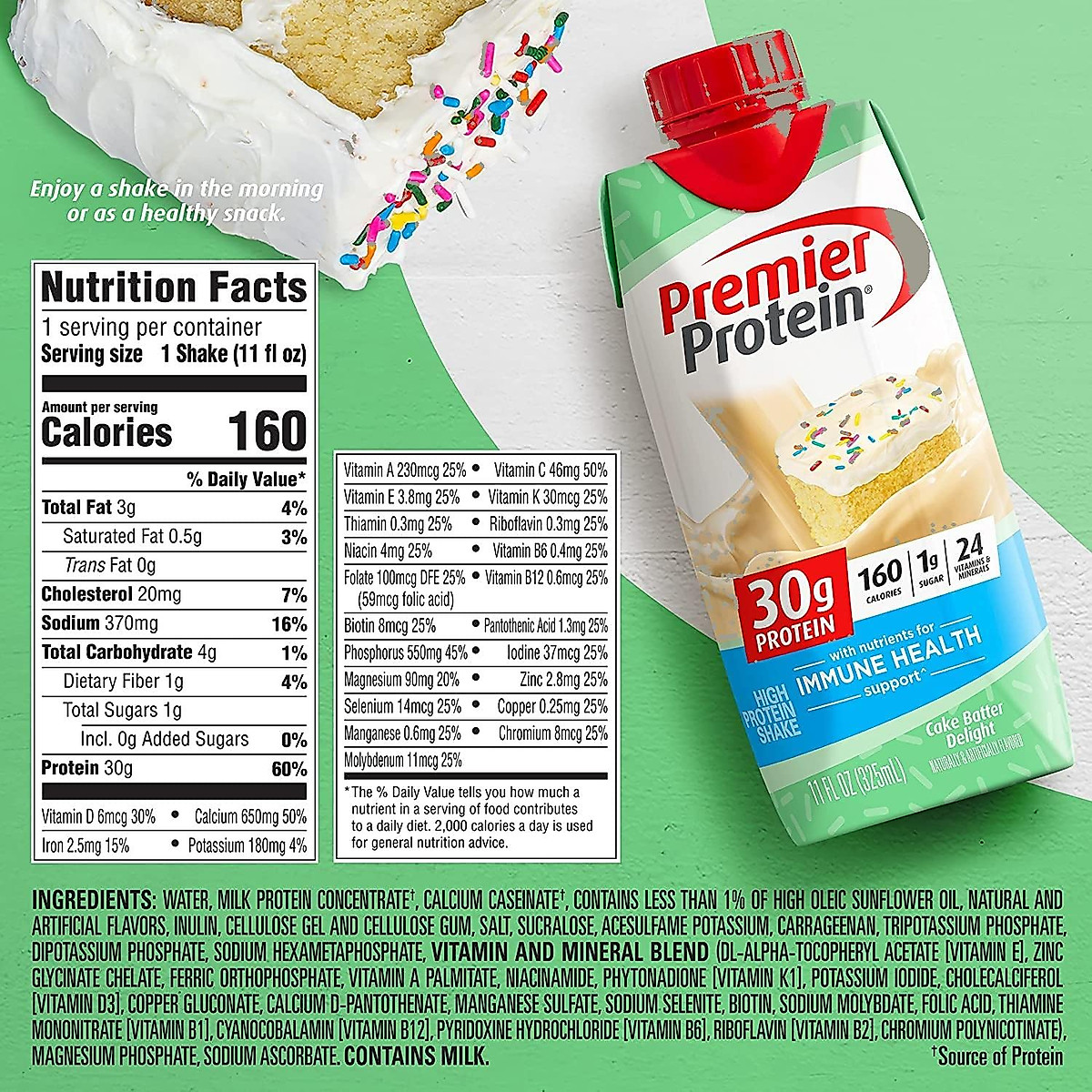 Premier High Protien Shakes Variety Sampler Pack, 11 Fl. Oz Each - Cafe Latte, Chocolate, Vanilla, Caramel, Cake Batter, Chocolate Peanut Butter - 2 of Each Flavor (12 Pack) in The Award Box