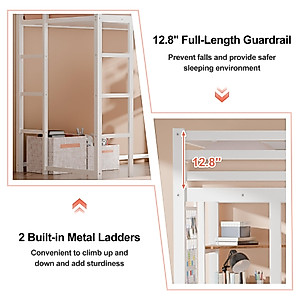 Twin Size Loft Bed with Desk and Shelves, Metal Loft Bed Frame with Metal Grid & Safety Guardrails & 2 Ladders, Space Saving Loft Beds for Kids, Teens, Adults, No Noise, No Box Spring Needed, White