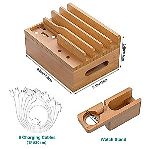 Pezin & Hulin Bamboo Charging Station for Multiple Devices (Included 5 Port USB Charger, 6 Pack Charge & Sync Cables, SmartWatch & Earbuds Stand), Electronic Device Desktop Dock Stations Organizer