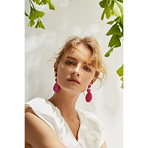 Boho Raffia Ball Earrings for Women, Statement Raffia Round Drop Earrings - Summer Beach Vacation Jewelry (B-HOT PINK)