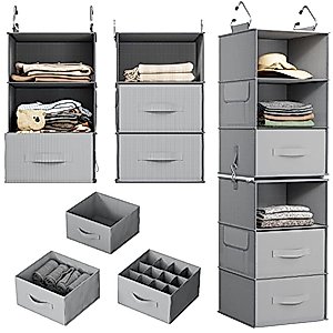 Pipishell 6-Shelf Hanging Closet Organizer, Closet Hanging Shelves with 2 Separable 3-Tier Shelves, Closet Storage Organizer with 3 Removable Drawers for Bedroom, Dorm Room, Camper and Nursery
