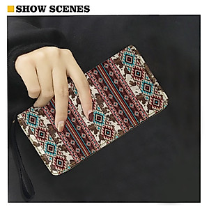 Wanyint Navajo Wrist Strap Wallet for Women Girls Native American Handbag Men's Long Clutch Cell Phone Case Boho Southwestern Aztec Tribal Stripe Ethnic Geometric Green Red Zipper Card Holder