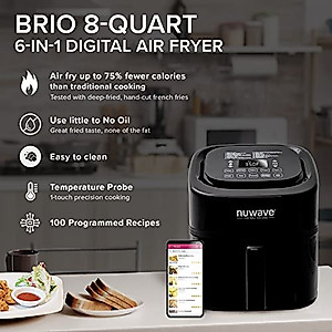 Nuwave Brio 8-Qt Air Fryer, Powerful 1800W, Easy-to-Read Cool White Display, 50°-400°F Temp Controls, 100 Pre-Programmed Presets & 50 Memory Slots, Integrated Smart Thermometer, Linear T Technology