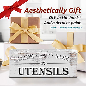 Suli Extra Large Kitchen Utensils Holder with 4 Compartments, Wooden Utensil Organizer for Kitchen Countertop, Farmhouse Kitchen Decor, Rustic Cooking Utensil - White grain