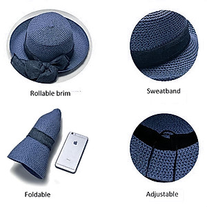 Straw Sun Hats for Women Wide Brim Bow Ribbons Roll Up Bucket UPF 50+ Foldable Sun Hat with Strap UV Protection Summer Travel Beach Navy