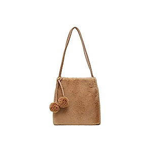 Ulisty Women Autumn Winter Small Faux Fur Shoulder Bag Fluffy Bucket Bag Plush Handbag khaki