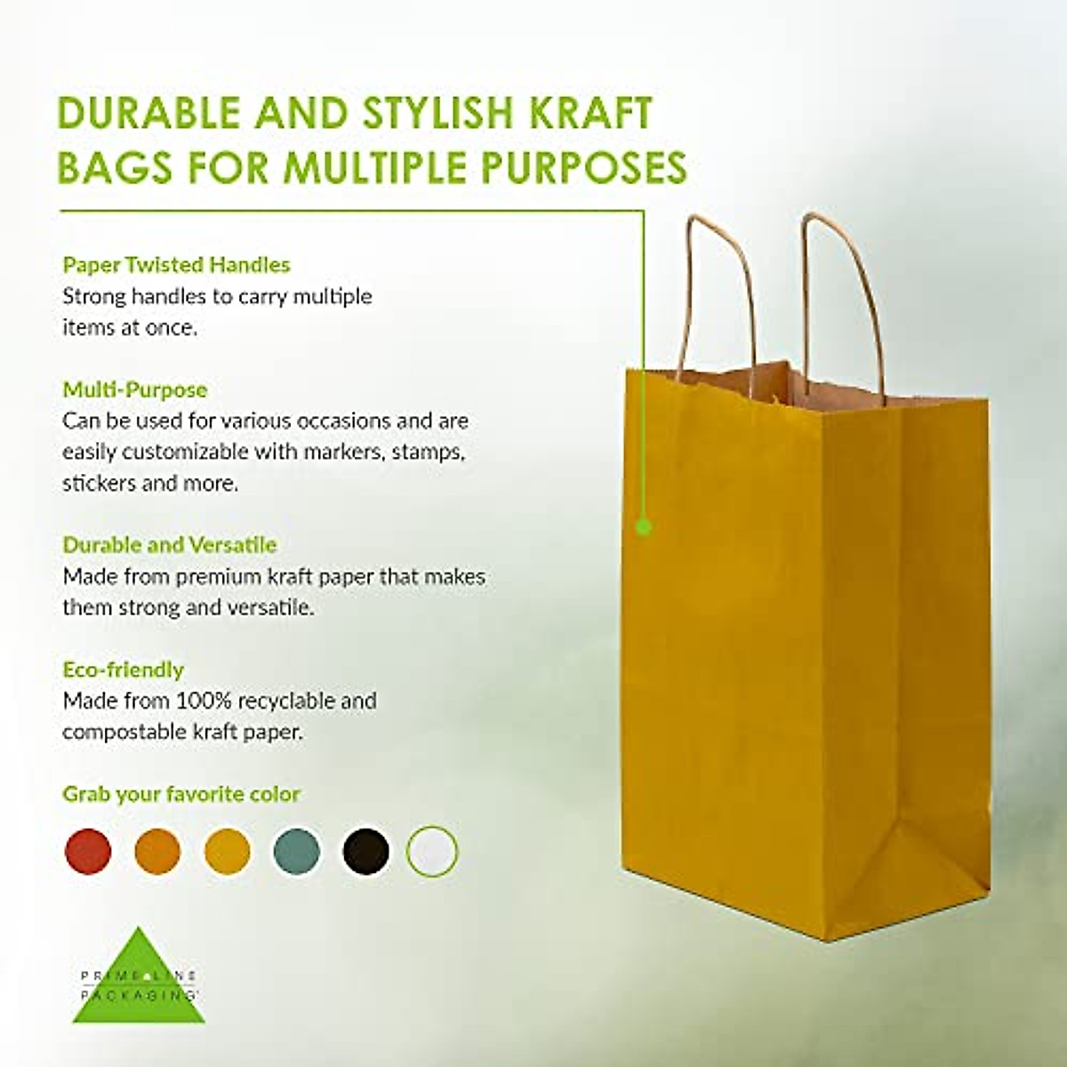 Yellow Gift Bags - 8x4x10 Inch 50 Pack Mustard Kraft Paper Shopping Bags with Handles, Small Craft Totes in Bulk for Boutiques, Small Business, Retail Stores, Birthday Parties, Merchandise, Bulk