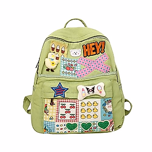 Hopecn Y2K Backpack With Kawaii Accessories Star Patch Aesthetic Canvas Bookbag Vintage Fashion Casual Goth Backpacks.(Patch1-Green2)