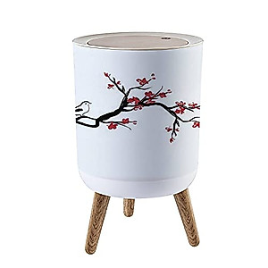 Small Trash Can with Lid Bird on Cherry Blossoms Branches Ink Oriental Style Painting 7 Liter Round Garbage Can Elasticity Press Cover Lid Wastebasket for Kitchen Bathroom Office 1.8 Gallon