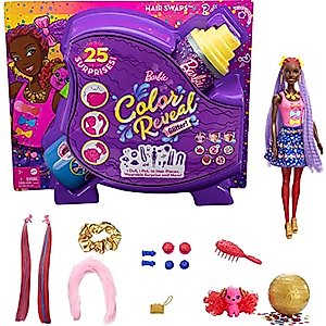 Barbie Color Reveal Glitter! Hair Swaps Doll, Glittery Blue with 25 Hairstyling & Party-Themed Surprises Including 10 Plug-in Hair Pieces, Gift for Kids 3 Years Old & Up