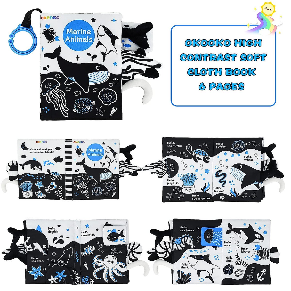 OKOOKO Soft Baby Book Black and White High Contrast Marine Animals Tails Book Bath Book Montessori Sensory Stroller Toy Non-Toxic Crinkle Washable Early Education for Baby Infant Toddler