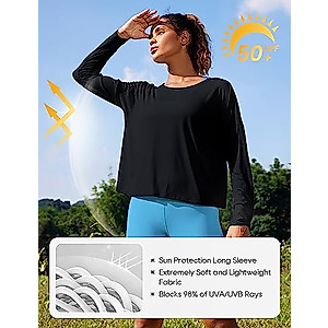 CRZ YOGA UPF 50+ Long Sleeve Shirts for Women Lightweight Workout Crop Tops Sun Protection Outdoor Quick Dry Hiking Shirt Black Medium